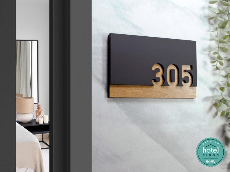 Modern Wood & Black Acrylic Room Number Sign | Custom Hotel Door Plaque ...