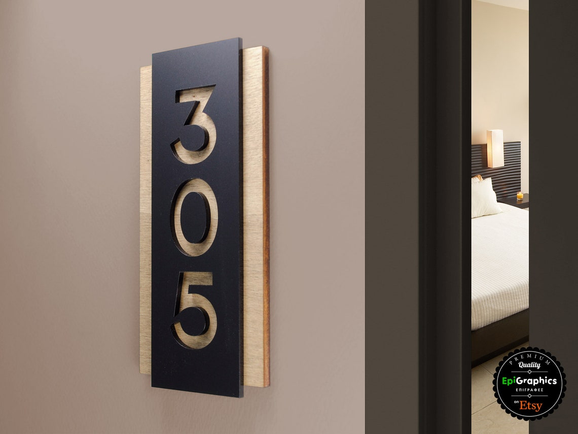 Custom Cutout Hotel Room Number Sign - Modern Wood & Black Acrylic Door ...