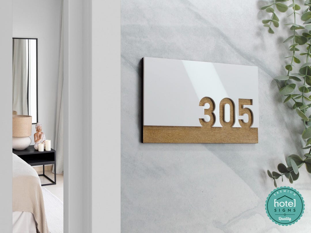 Minimalist White Acrylic & Wood Room Number Sign | Custom Hotel ...