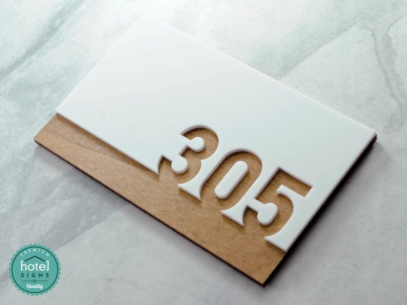 Minimalist White Acrylic & Wood Room Number Sign | Custom Hotel ...