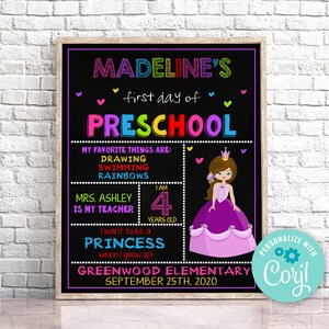 Editable First Day of Preschool Sign, Princess First Day of School Sign ...