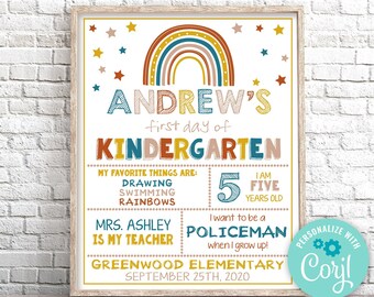 Editable First Day of Kindergarten Sign Boho Rainbow First | Etsy