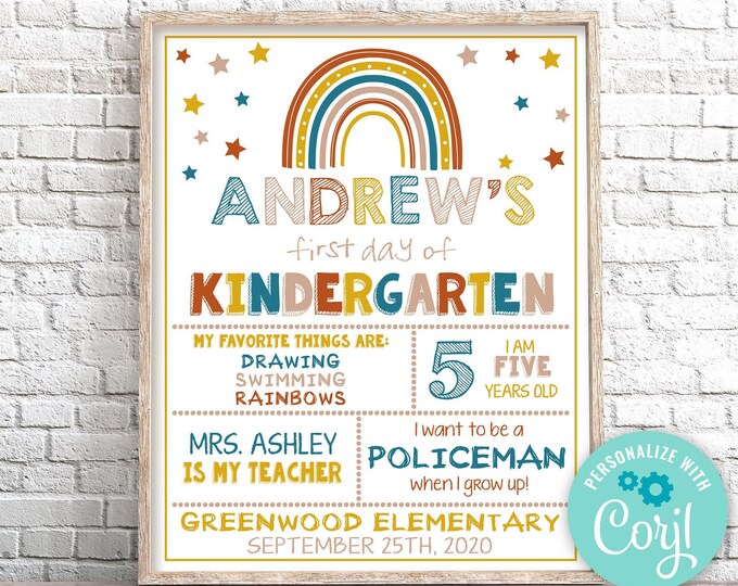 Editable First Day of Kindergarten Sign Boho Rainbow First - Etsy