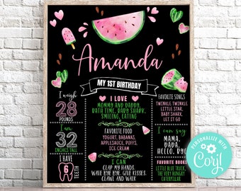 Editable Watermelon Milestone Birthday Poster, Pink Watermelon First ...