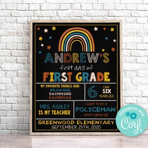 Editable First Day of 1st Grade Sign, Boho Rainbow First Day of First ...