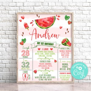 Editable Watermelon Milestone Birthday Poster, Red Watermelon First ...