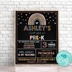 Editable First Day of Pre-k Sign Boho Rainbow First Day of School Sign ...