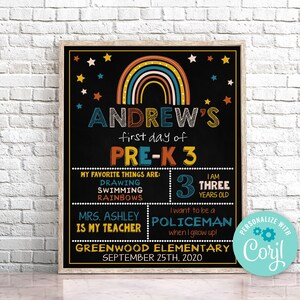 Editable First Day of Pre-k Sign, Boho Rainbow First Day of Pre-k ...