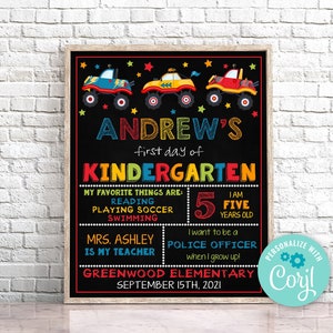 Editable First Day of Kindergarten Sign, Monster Truck First Day of ...