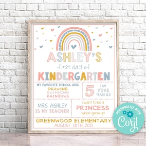 Editable First Day of Kindergarten Sign, Boho Rainbow First Day of ...