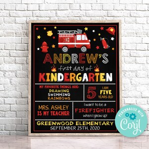 Editable First Day of Kindergarten Sign, Firetruck First Day of School ...