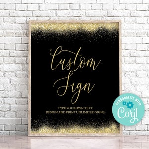 EDITABLE Gold Glitter Custom Sign Black and Gold Glitter Party Sign ...