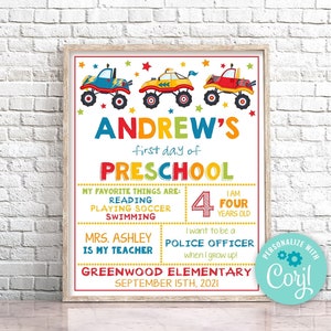 Editable First Day of Preschool Sign, Monster Truck First Day of School ...
