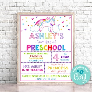 Editable First Day of Preschool Sign Unicorn First Day of School Sign ...