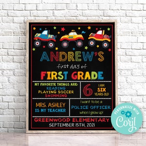 Editable First Day of First Grade Sign, Monster Truck First Day of ...