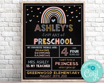 Editable First Day of Kindergarten Sign, Boho Rainbow First Day of ...