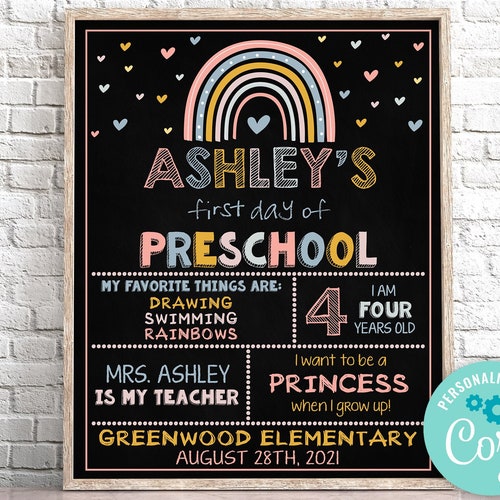Editable First Day of Preschool Sign Boho Rainbow First Day of - Etsy