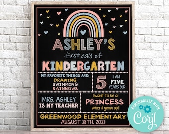 Editable First Day of Kindergarten Sign Boho Rainbow First | Etsy