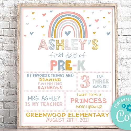Editable First Day of Pre-k Sign Rainbow First Day of School - Etsy