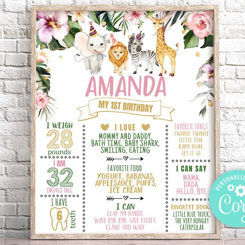 Editable Jungle Gold Milestone Birthday Poster Safari Animals - Etsy
