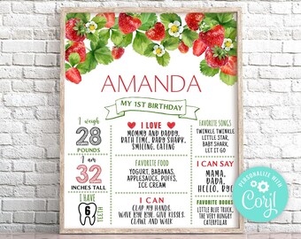 Editable Strawberry Birthday Milestone Poster Berry Sweet 1st - Etsy