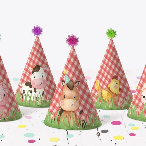 Farm Printable Birthday Party Hats Pink Farm Animals Party - Etsy