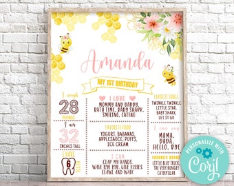 Editable Bee Milestone Birthday Poster Bumble Bee First Birthday Sign ...
