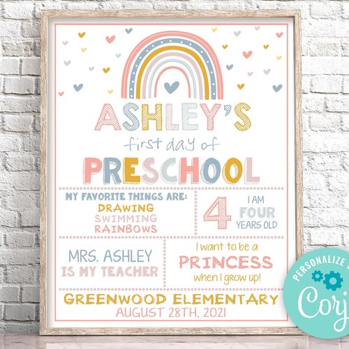 Boho Rainbow Hello Kindergarten Sign First Day of | Etsy