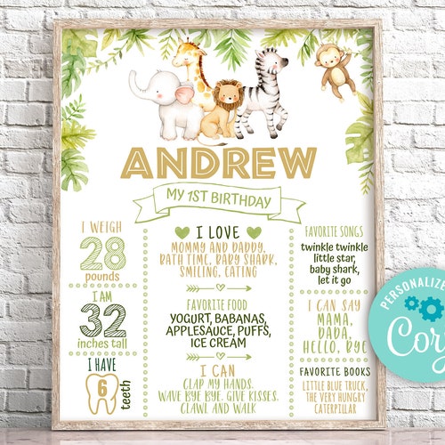 Editable Jungle Animals Milestone Birthday Poster Safari - Etsy