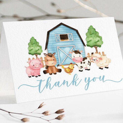 Editable Farm Thank You Folded Card Blue Farm Baby Shower - Etsy