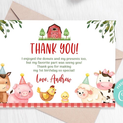 Editable Farm Thank You Card Red Farm Birthday Party Thank - Etsy