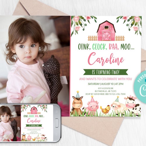 Editable Farm Birthday Invitation. Pink Farm Animals Birthday - Etsy