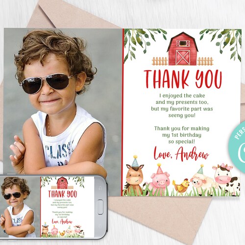 Editable Farm Thank You Card Red Farm Birthday Party Thank - Etsy