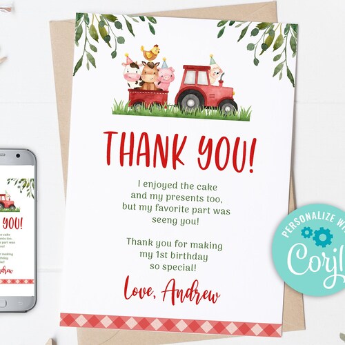 Editable Farm Thank You Card Red Farm Birthday Party Thank - Etsy