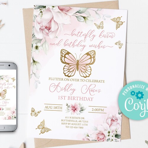 Editable Pink Gold Butterfly Birthday Invitation Butterfly - Etsy