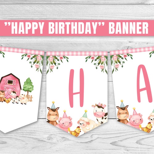 Happy Birthday Banner Farm Animals Birthday Banner Pink Farm - Etsy