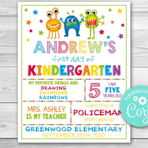 Editable First Day of Kindergarten Sign Rainbow First Day of | Etsy