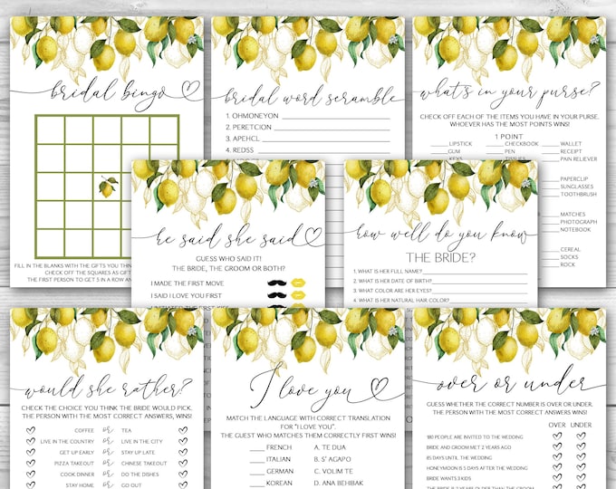 Lemon Bridal Shower Games Bundle Citrus Bridal Shower Game Package 8 ...