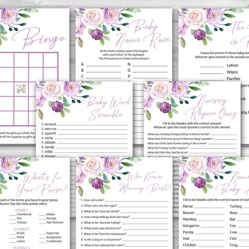 Girl Floral Baby Shower Game Package 8 Printable Purple - Etsy