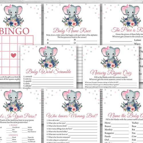Pink Elephant Theme Baby Shower Game Bundle Pack Pink | Etsy
