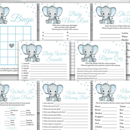 Blue Elephant Baby Shower Game Package 8 Printable Elephant - Etsy