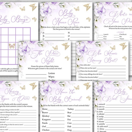 Butterfly Baby Shower Game Package 8 Printable Purple Gold - Etsy