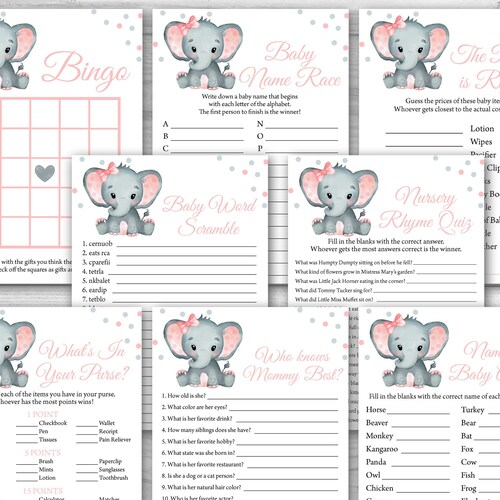 Pink Elephant Baby Shower Game Package 8 Printable Elephant - Etsy
