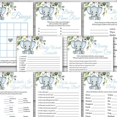 Blue Elephant Baby Shower Game Package 8 Printable Elephant - Etsy