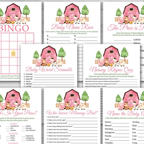Pink Farm Baby Shower Game Package 8 Printable Girl Farm - Etsy