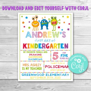 Editable First Day of Kindergarten Sign, Monsters First Day of School ...