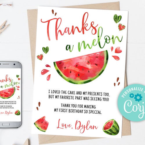 Editable Thanks a Melon Cards Watermelon Thank You Card - Etsy