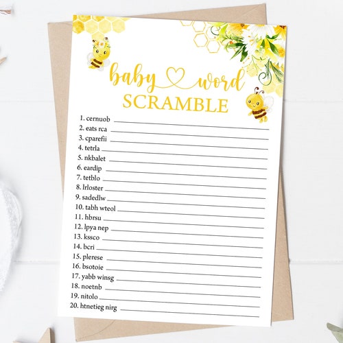 Bee Word Scramble Baby Shower Game Honey Bee Baby Word - Etsy