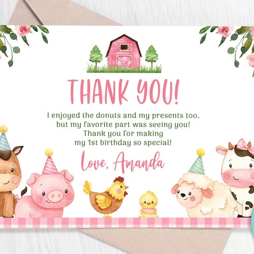 Editable Farm Thank You Card Pink Farm Birthday Party Thank - Etsy