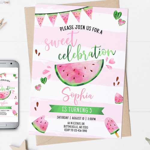 Editable Watermelon Invitation Any Age Pink Watermelon Party - Etsy